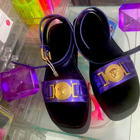 Versace | Shoes | Versace Purple Laminated Leather Wrap Around Platform ...